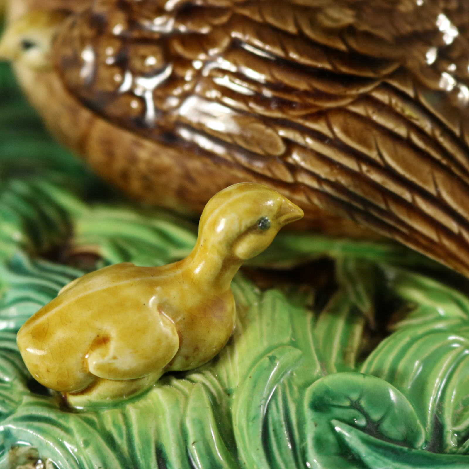 George Jones Majolica Partridge and Chicks Game Pie Dish