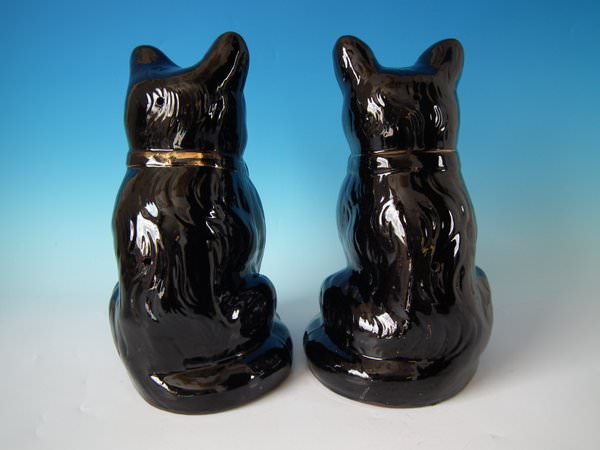 Pair Staffordshire Pottery cats, Jackfield black with glass eyes