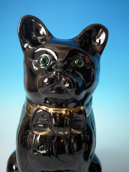 Pair Staffordshire Pottery cats, Jackfield black with glass eyes