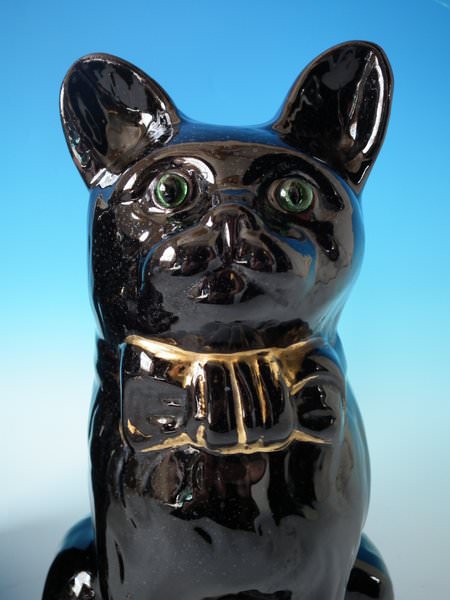 Pair Staffordshire Pottery cats, Jackfield black with glass eyes