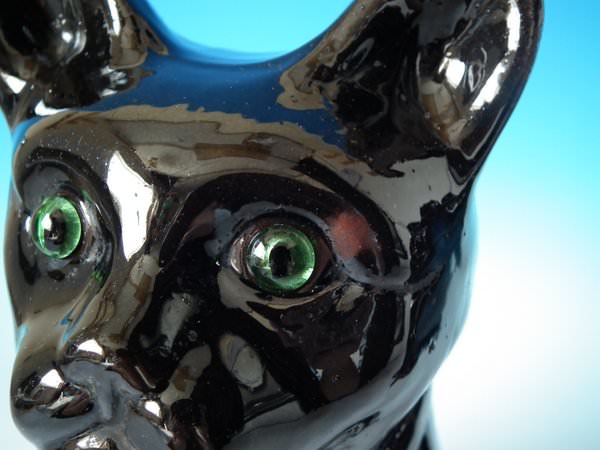 Pair Staffordshire Pottery cats, Jackfield black with glass eyes
