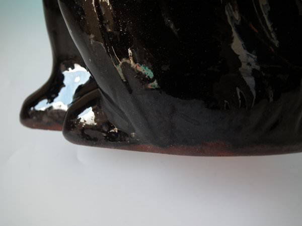 Pair Staffordshire Pottery cats, Jackfield black with glass eyes