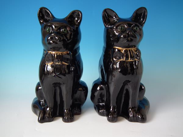 Pair Staffordshire Pottery cats, Jackfield black with glass eyes